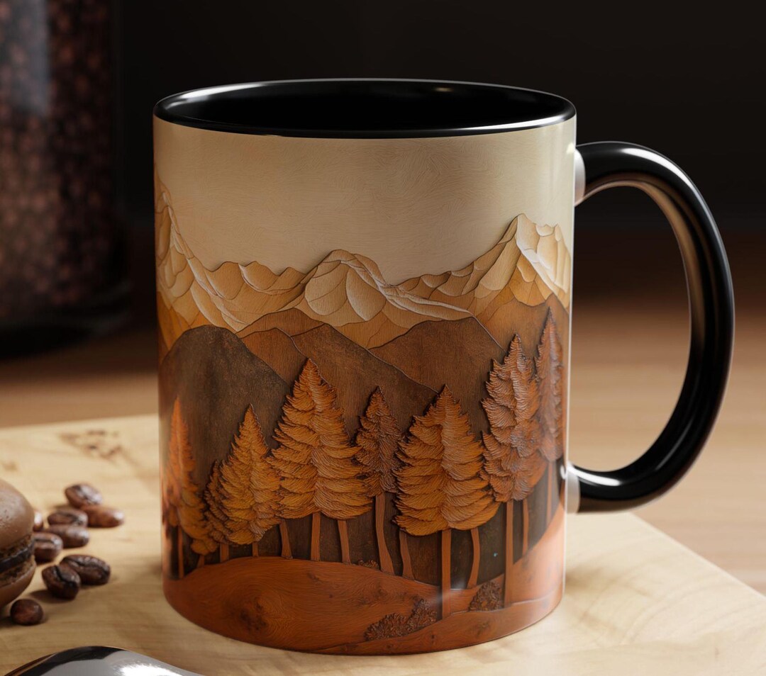 Trees and Mountain Range Mug, PRINTED WOOD STYLE, Carved Wood Style Mug ...