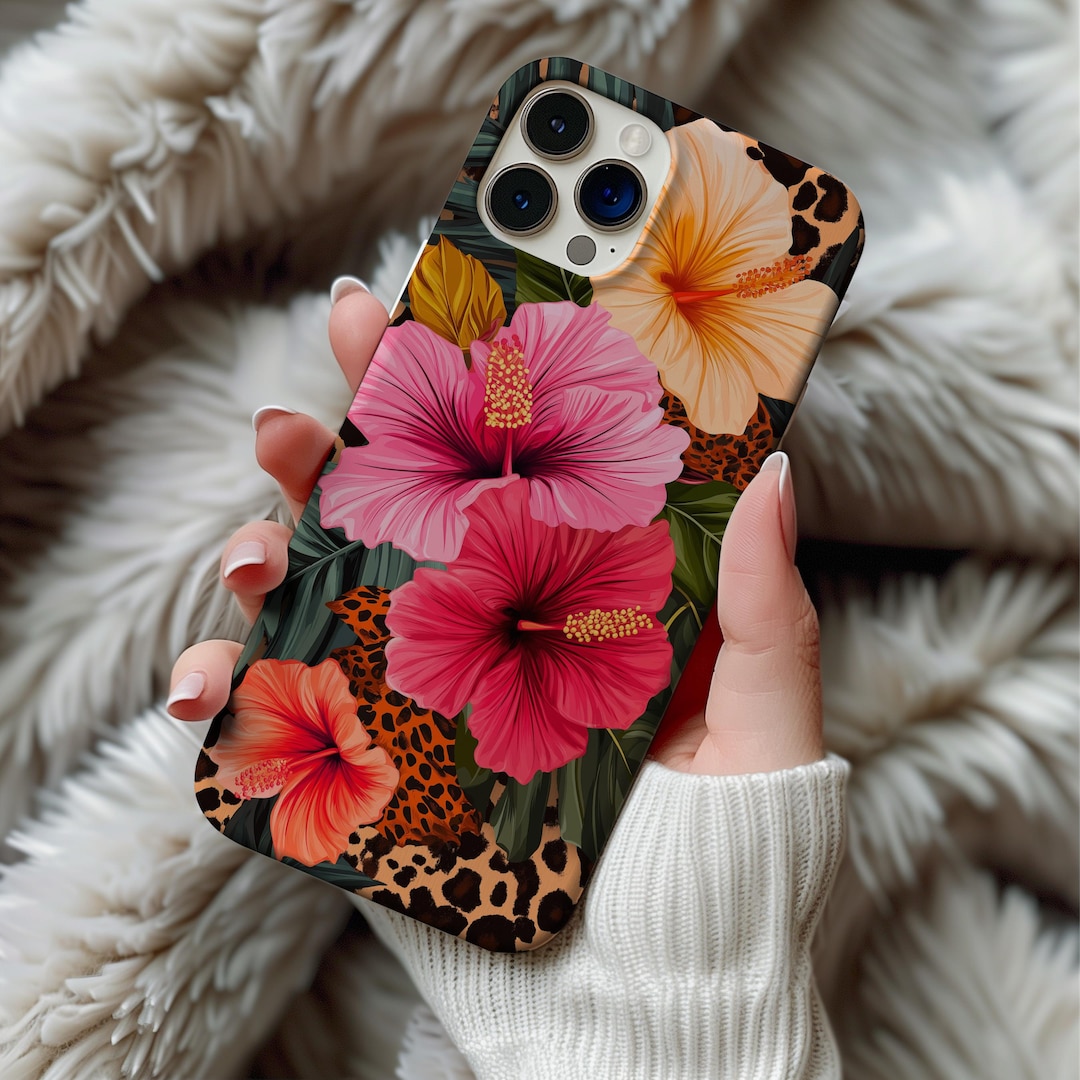 Leopard & Pink Hibiscus Phone Case, Tropical Floral Animal Print iPhone ...