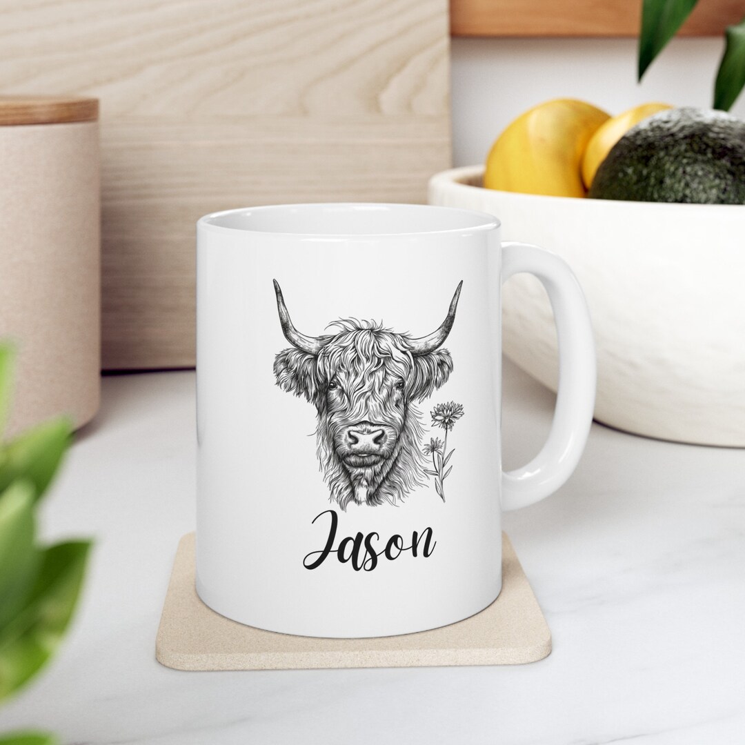 Personalized Highland Cow Coffee Mug, Highland Cow Line Art, Highland ...
