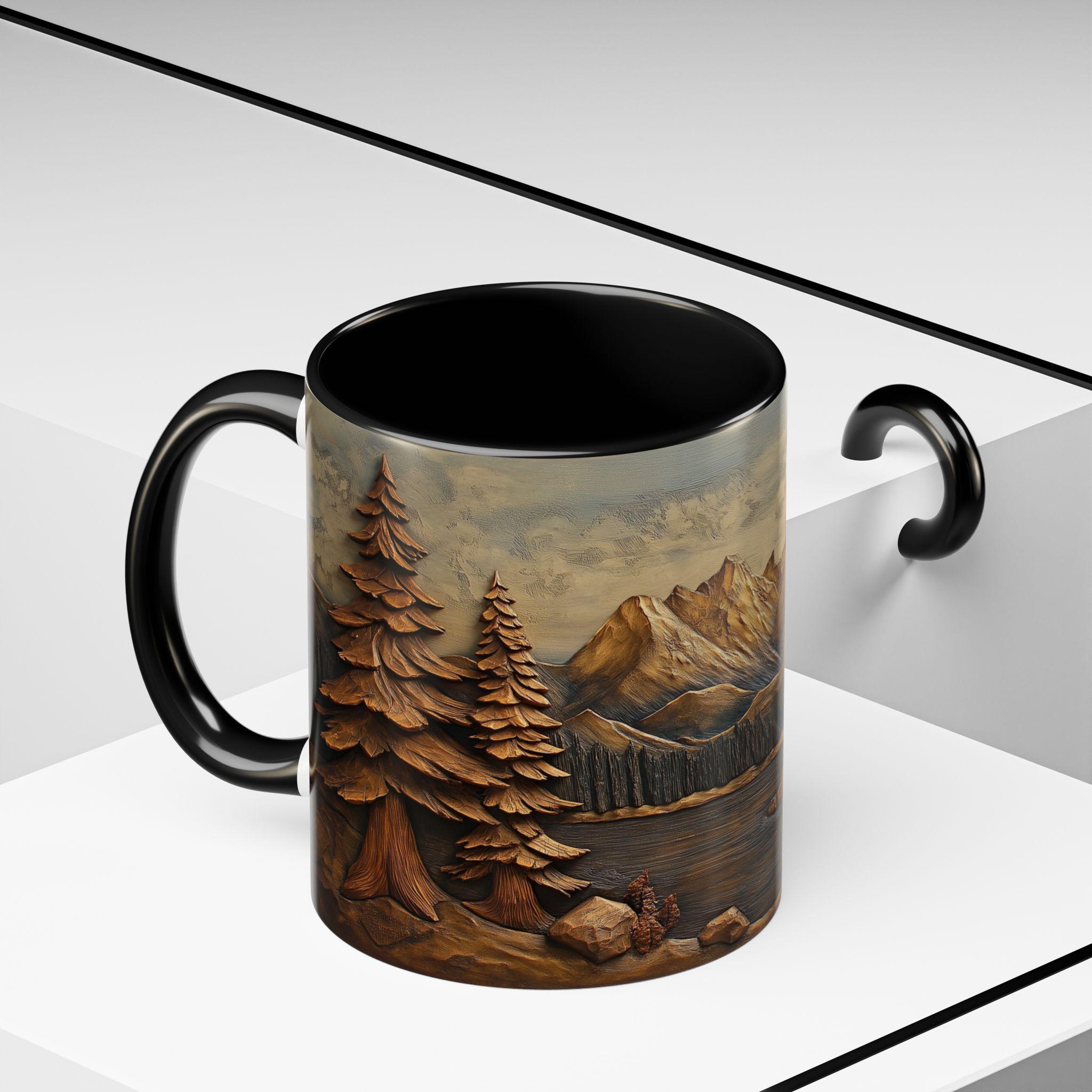Trees and Mountain Range Mug, PRINTED WOOD STYLE, Carved Wood Style Mug ...