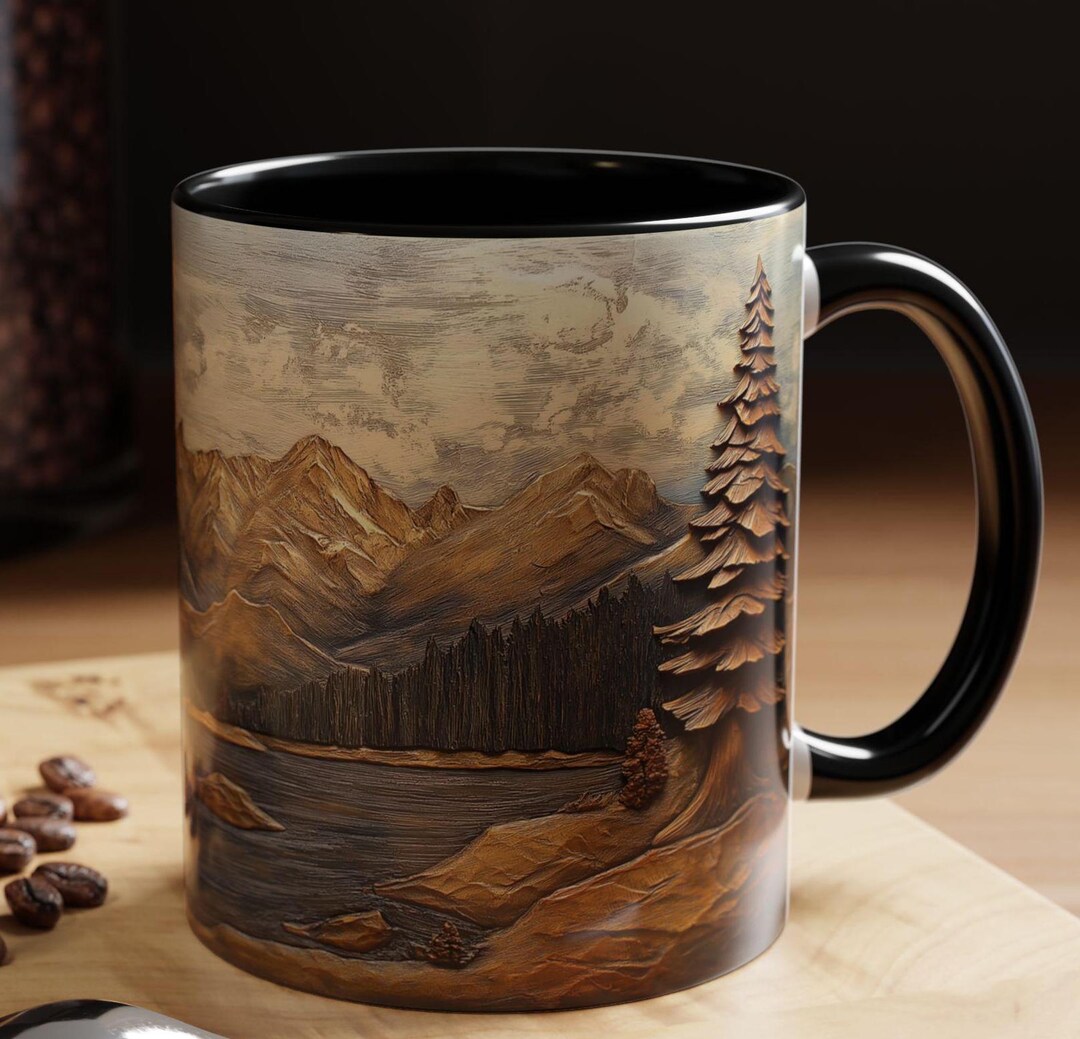 Trees and Mountain Range Mug, PRINTED WOOD STYLE, Carved Wood Style Mug ...