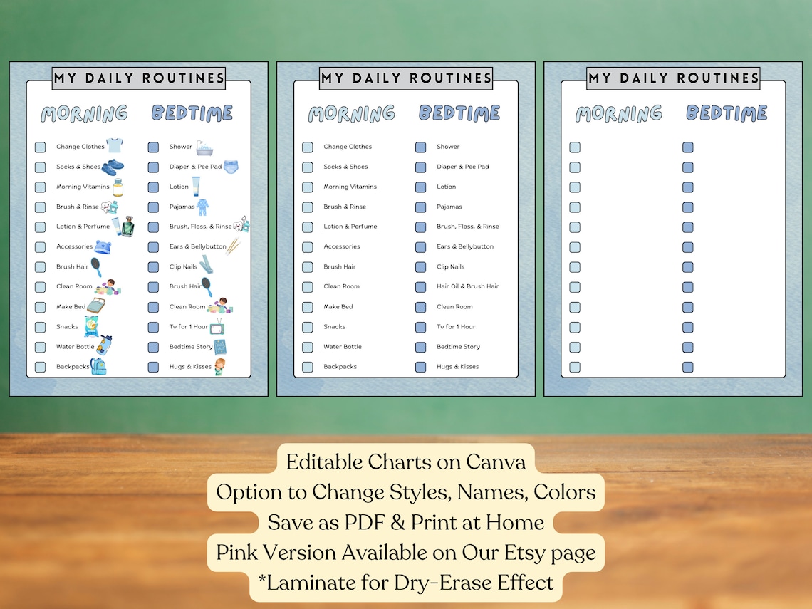 Boys Daily Routine Charts for Kids | Editable Customizable Canva | Pink ...