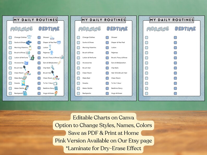 Boys Daily Routine Charts for Kids Editable Customizable Canva Pink ...