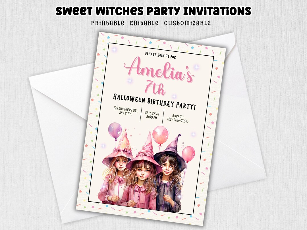 Kids Pretty Pink Sweet Candy Witches Halloween Birthday Party Printable ...