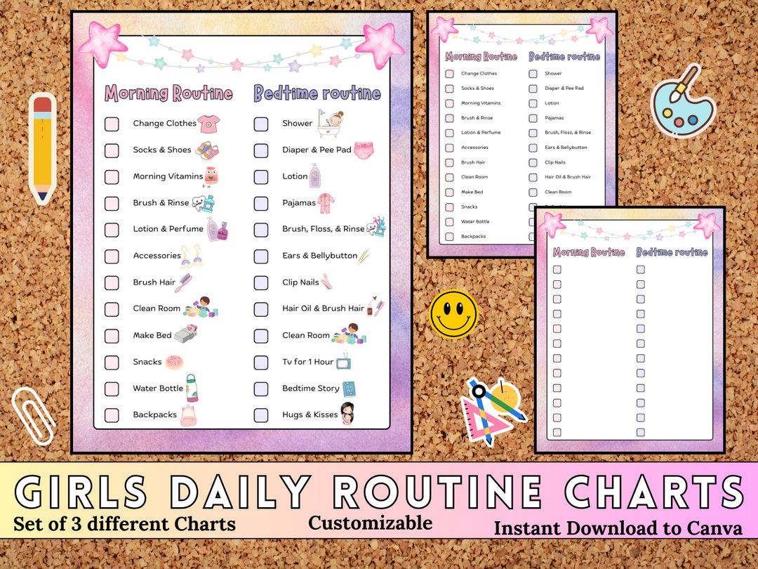 Buy Girls Daily Routine Charts for Kids Editable Customizable Canva ...