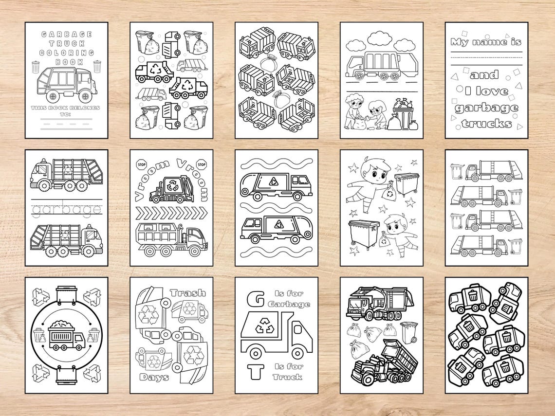 Garbage Trash Truck Coloring Book Pages | Kids Toddlers Activity Sheets ...