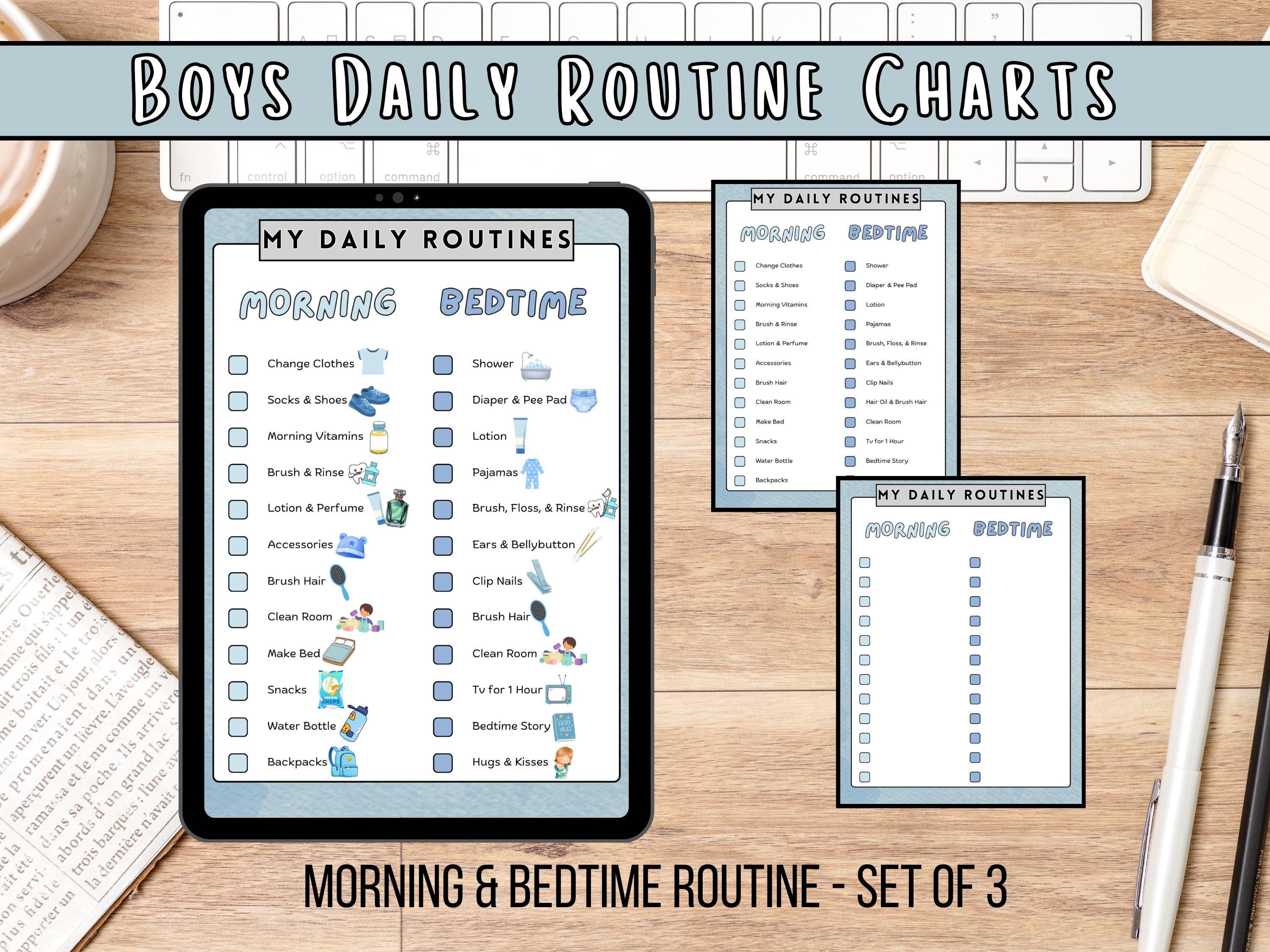 Boys Daily Routine Charts for Kids | Editable Customizable Canva | Pink ...