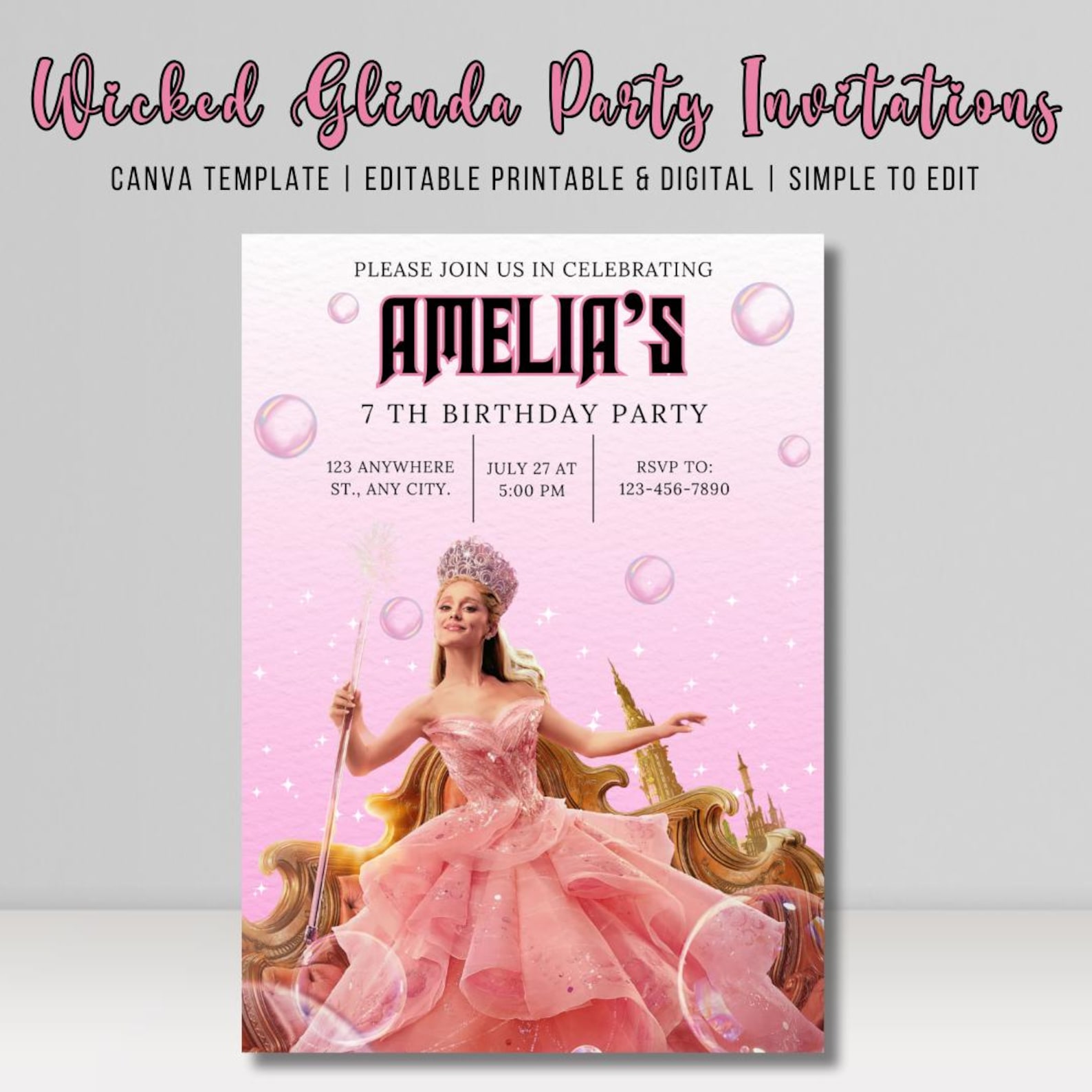 Wicked Glinda Elphaba Pink Birthday Party Printable Customizable ...