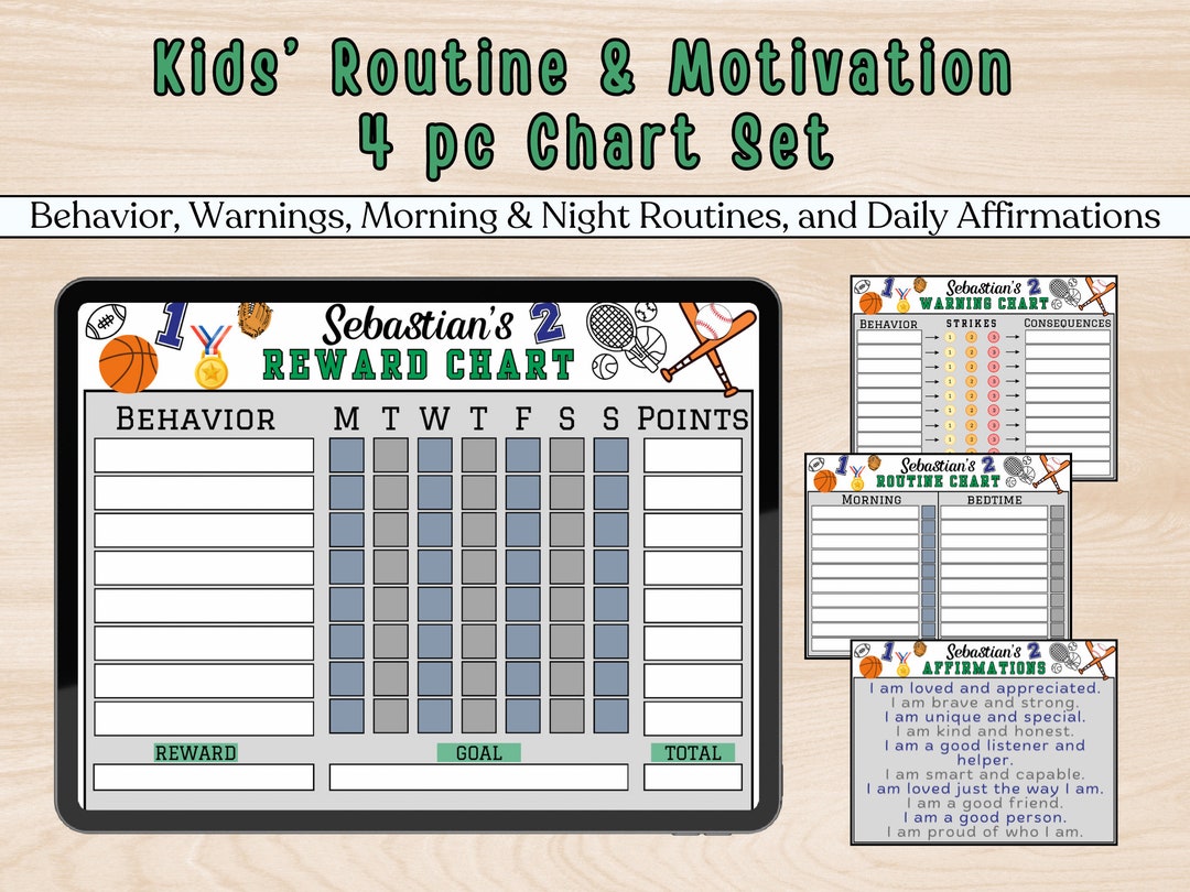 Sports Baseball Kids PDF Editable Routine & Motivation Charts | 4 ...