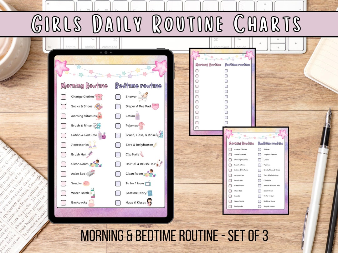 Girls Daily Routine Charts for Kids | Editable Customizable Canva ...