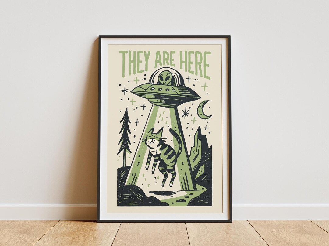 Quirky UFO Cat Abduction Poster – Funny UFO Wall Art | Retro Car Art ...