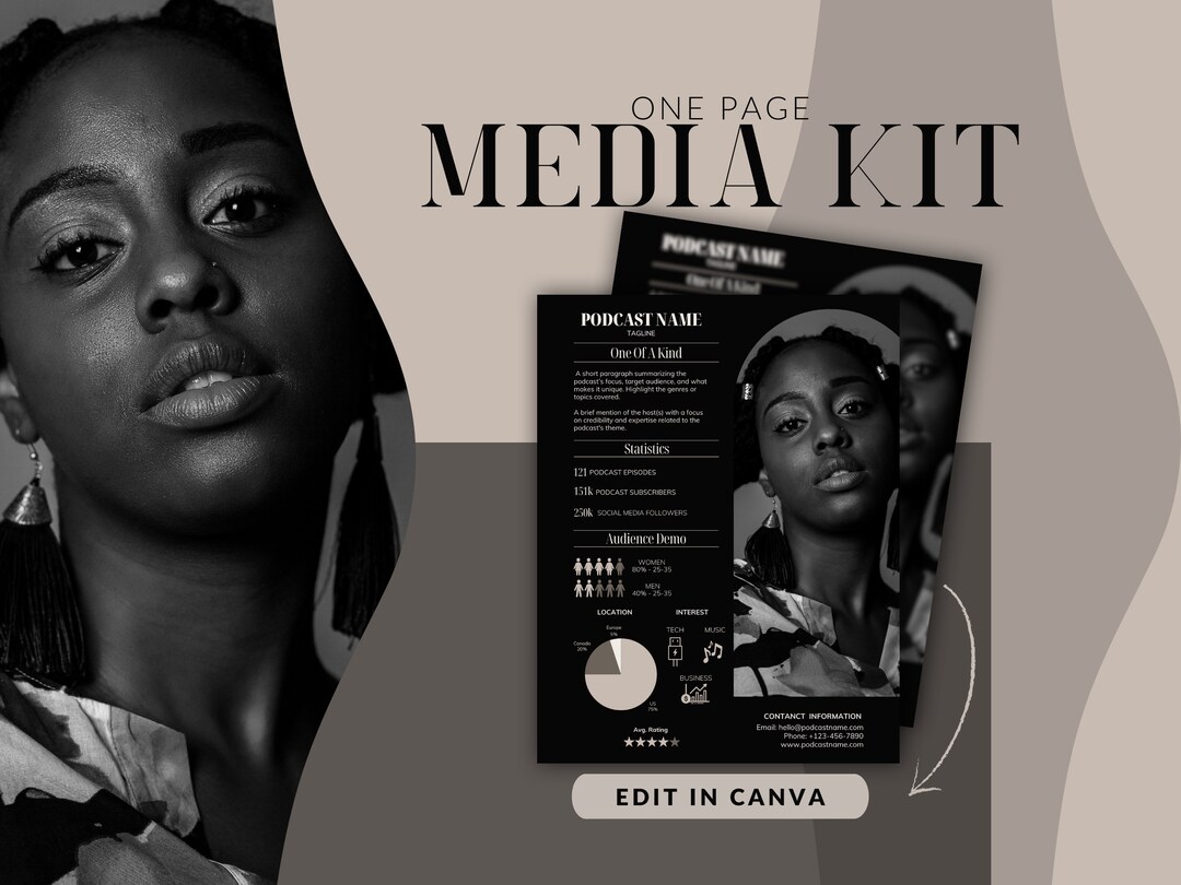 Custom Media Kit Template, 1 Page Press Kit, Media Kit Podcast, Canva ...