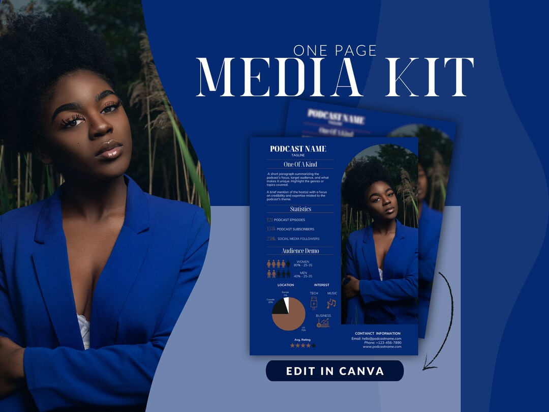 One Page Media Kit Podcast, Sales Page Podcast Canva Template, Girl ...