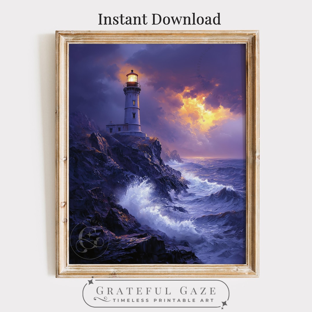 Stormy Lighthouse Seascape - Printable Moody Ocean Art, Melancholy ...