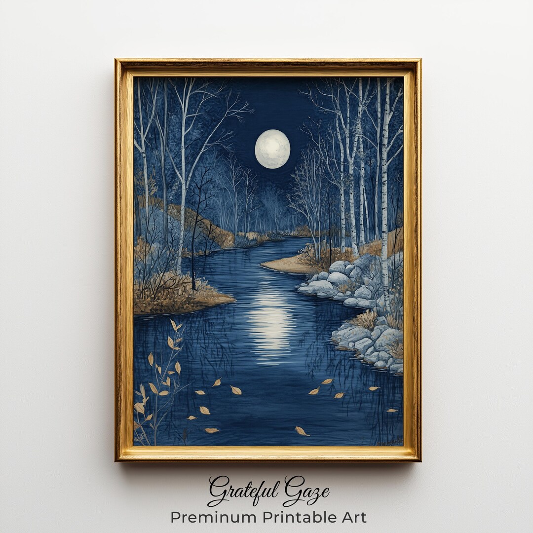 Full Moon River Landscape Painting - Printable Autumn Wall Art (digital ...