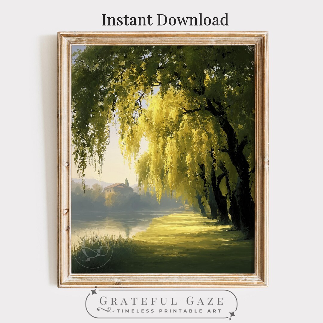 Vintage Oil Painting Willow Pathway - Rustic Landscape Wall Art, Autumn ...