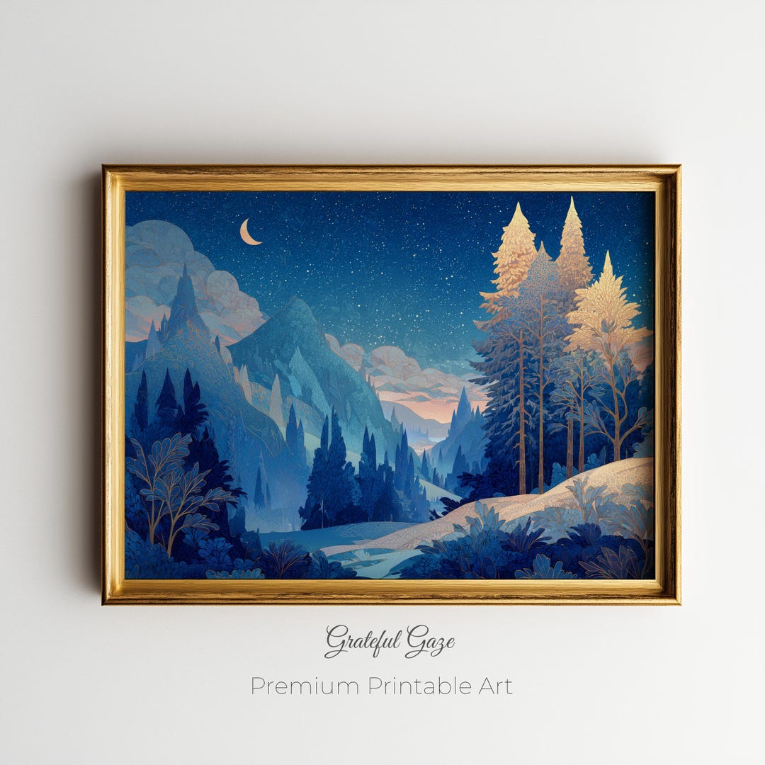 Moody Pine Trees With Golden Tips - Winter Night Landscape Painting ...
