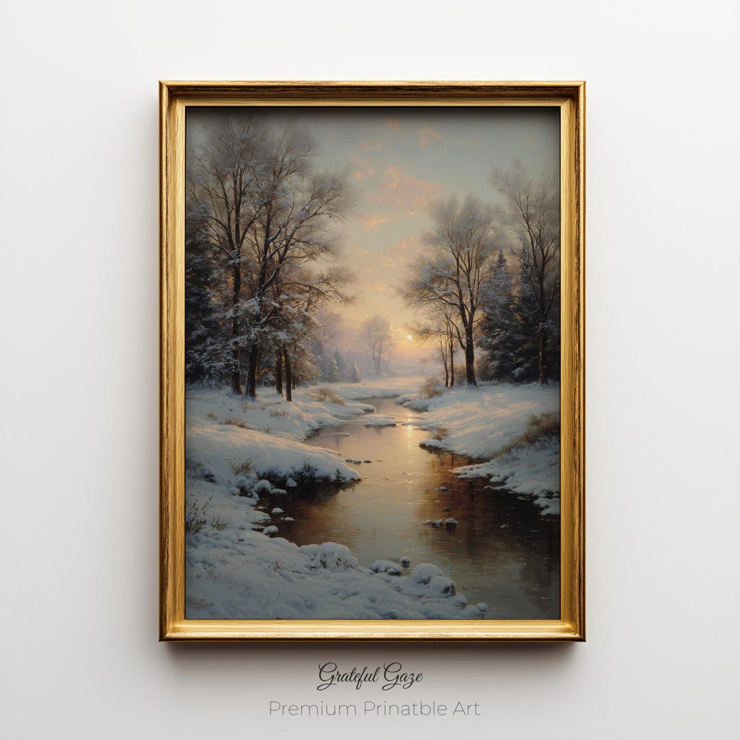 Printable Winter Stream at Sunset - Serene Snowy Landscape Fine Art ...