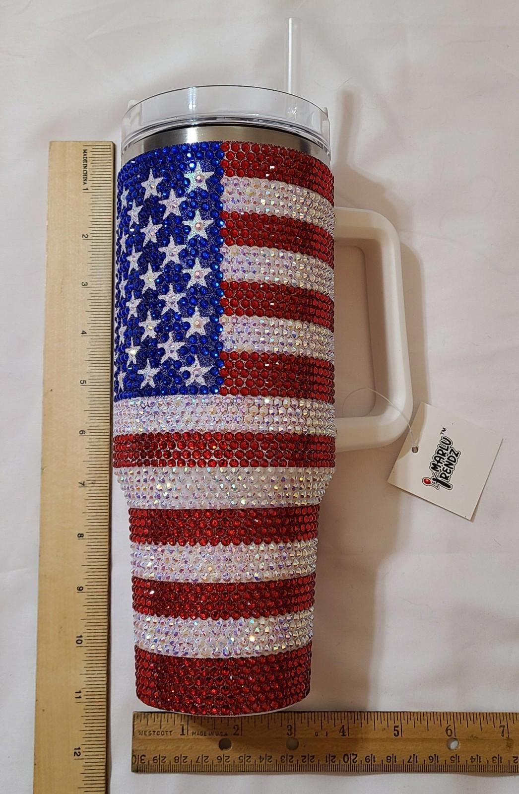 USA Flag Rhinestone 40 Oz Insulated Tumbler Handle America Blinged Out ...