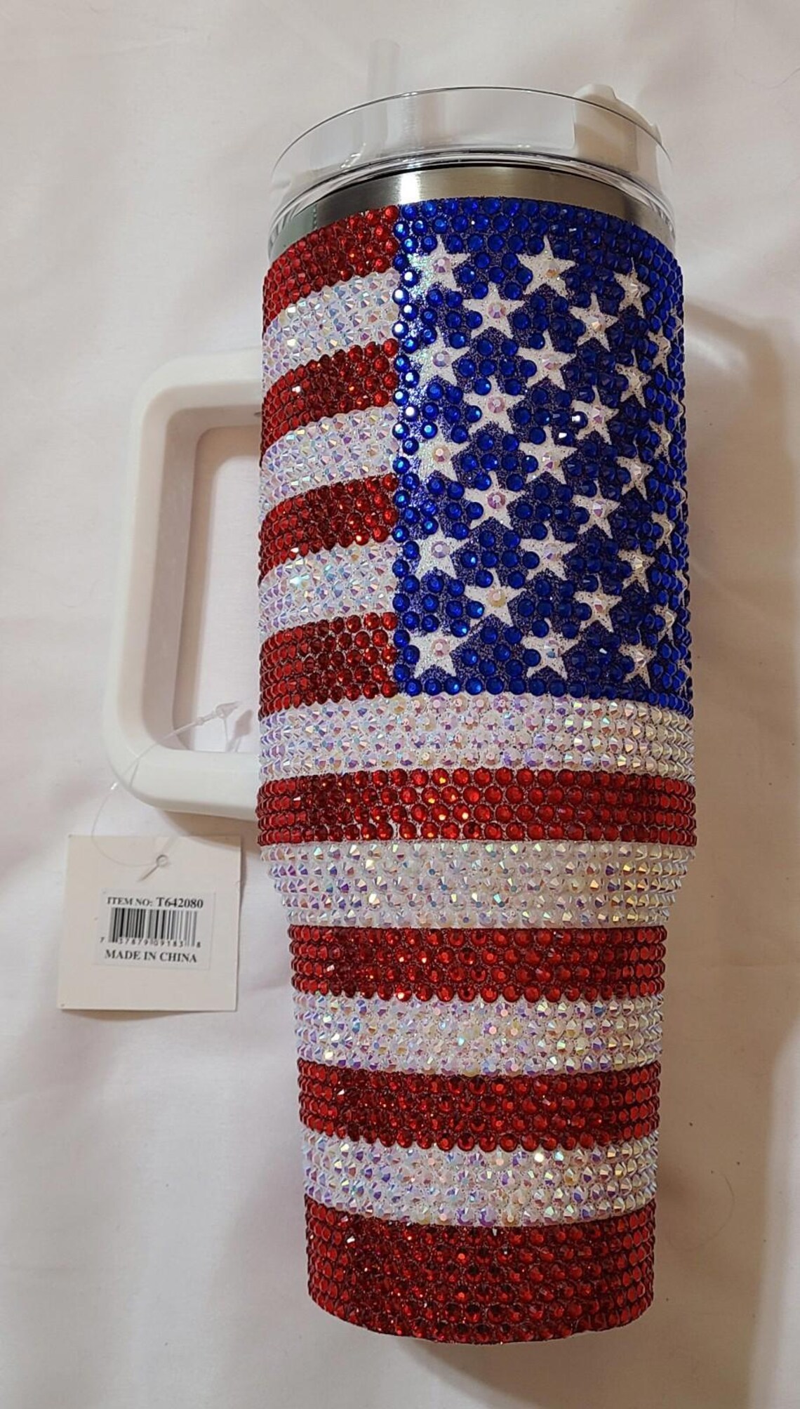 USA Flag Rhinestone 40 Oz Insulated Tumbler Handle America Blinged Out ...