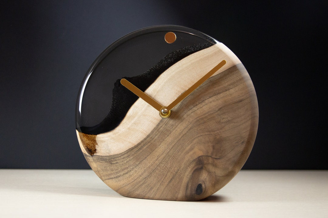 Wood Table Clock, Wood Desk Clock, Unique Wooden Table Clock, Epoxy Resin Desk Clock, Walnut ...