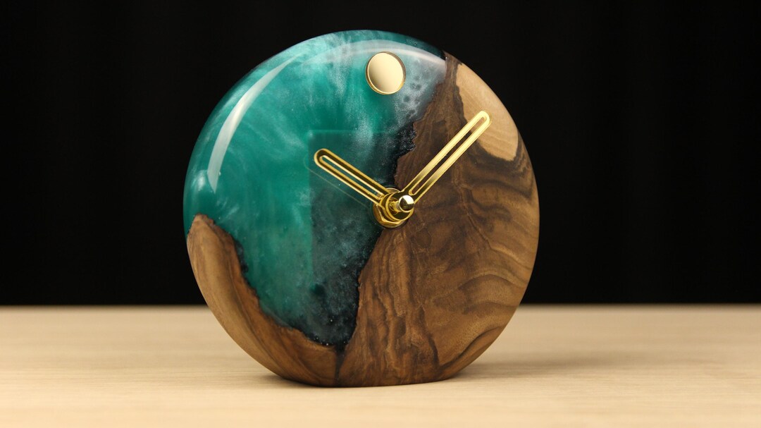 Wood Table Clock, Wood Desk Clock, Epoxy Resin Desk Clock, Unique Wooden Table Clock, Walnut ...