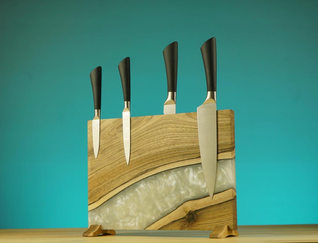 Personalized Wooden Knife Block, Magnetic Knife Board, Wood and Resin ...