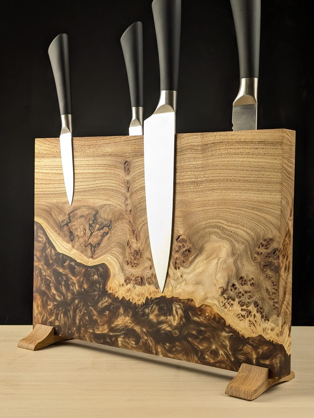 Cape Elm Wood Knife Stand, Handmade Wood and Epoxy Resin Knives Block, Magnetic Knife Organizer ...