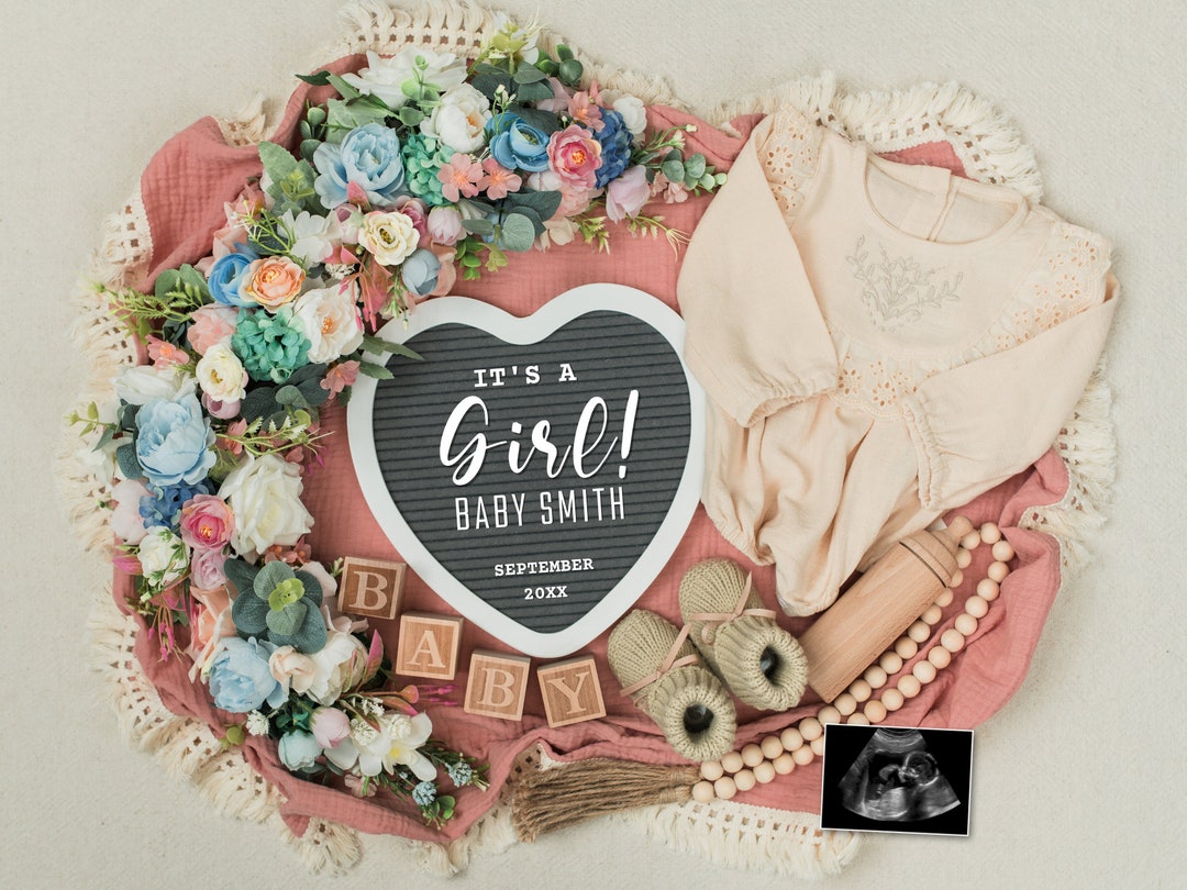 It's a Girl Editable Boho Gender Reveal, Baby Sister Digital Pregnancy ...