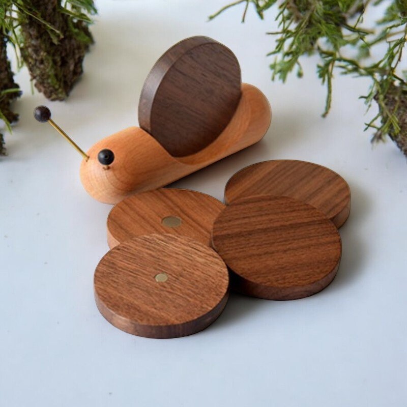 Wooden Snail Coasters Set of 5 With Holder Cute Wood Tea Coffee Milk ...