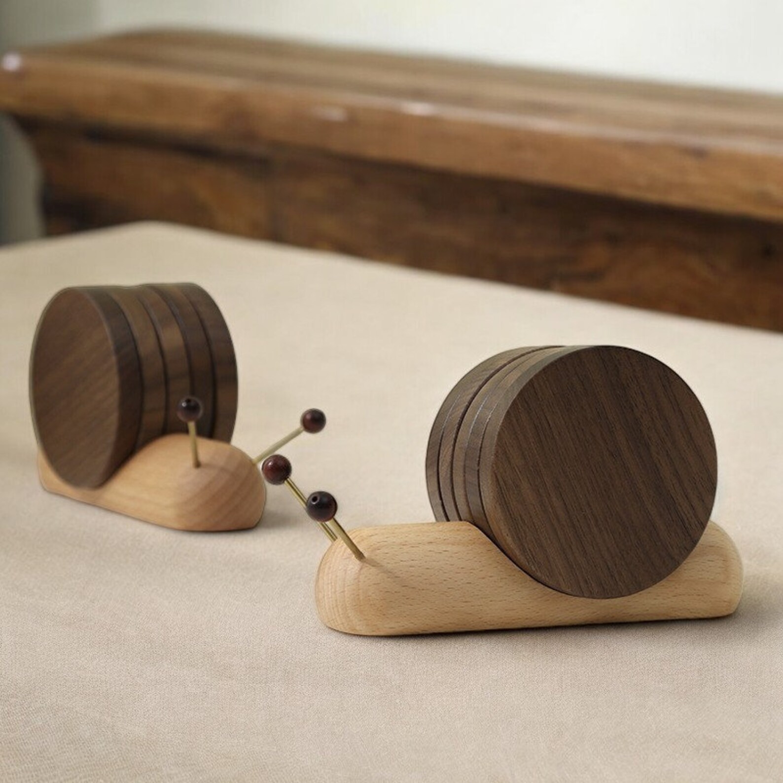 Wooden Snail Coasters Set of 5 With Holder Cute Wood Tea Coffee Milk ...
