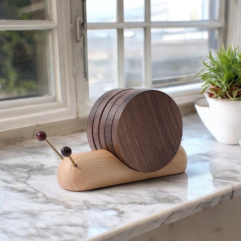 Wooden Snail Coasters Set of 5 With Holder Cute Wood Tea Coffee Milk ...