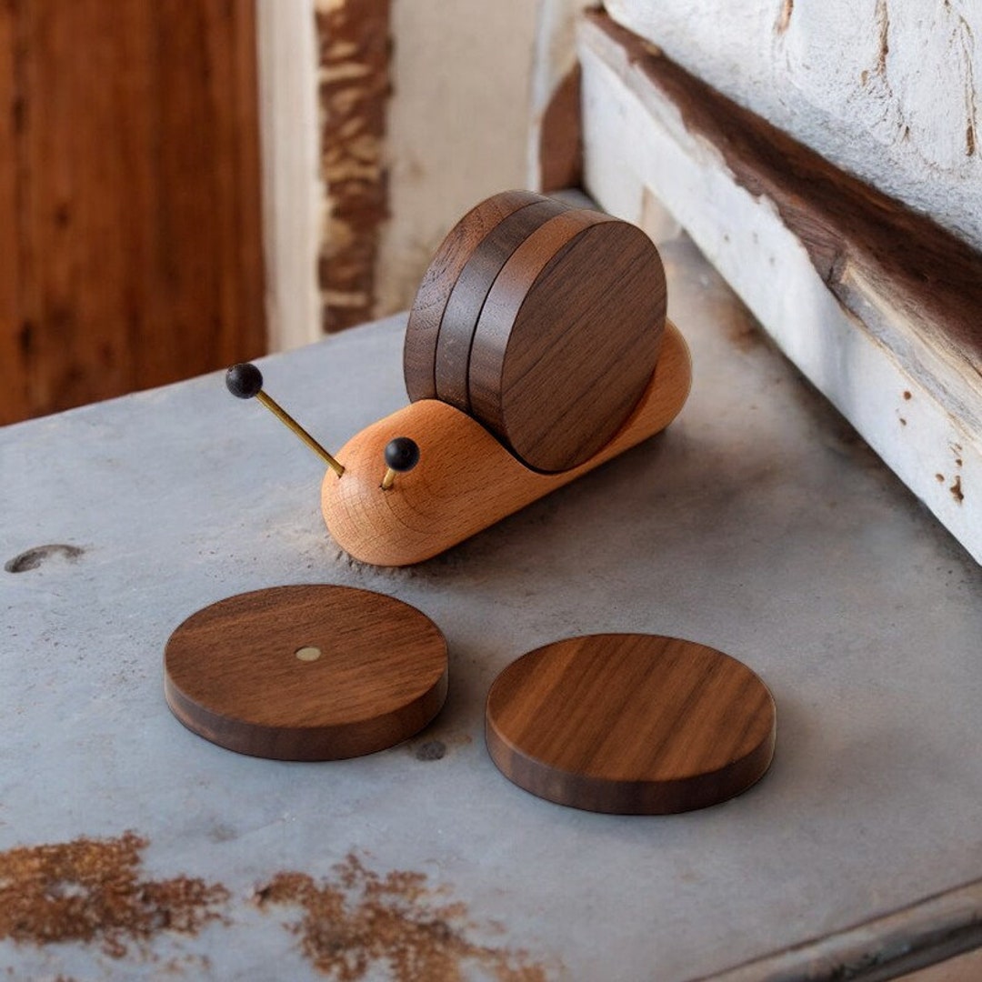 Wooden Snail Coasters Set of 5 With Holder Cute Wood Tea Coffee Milk ...