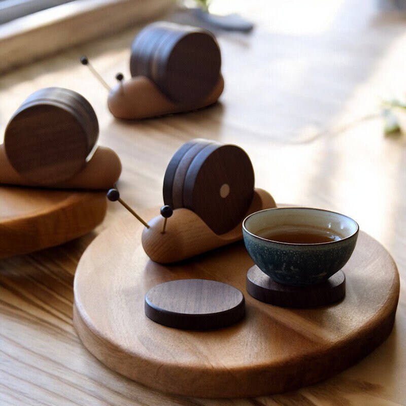 Wooden Snail Coasters Set of 5 With Holder Cute Wood Tea Coffee Milk ...