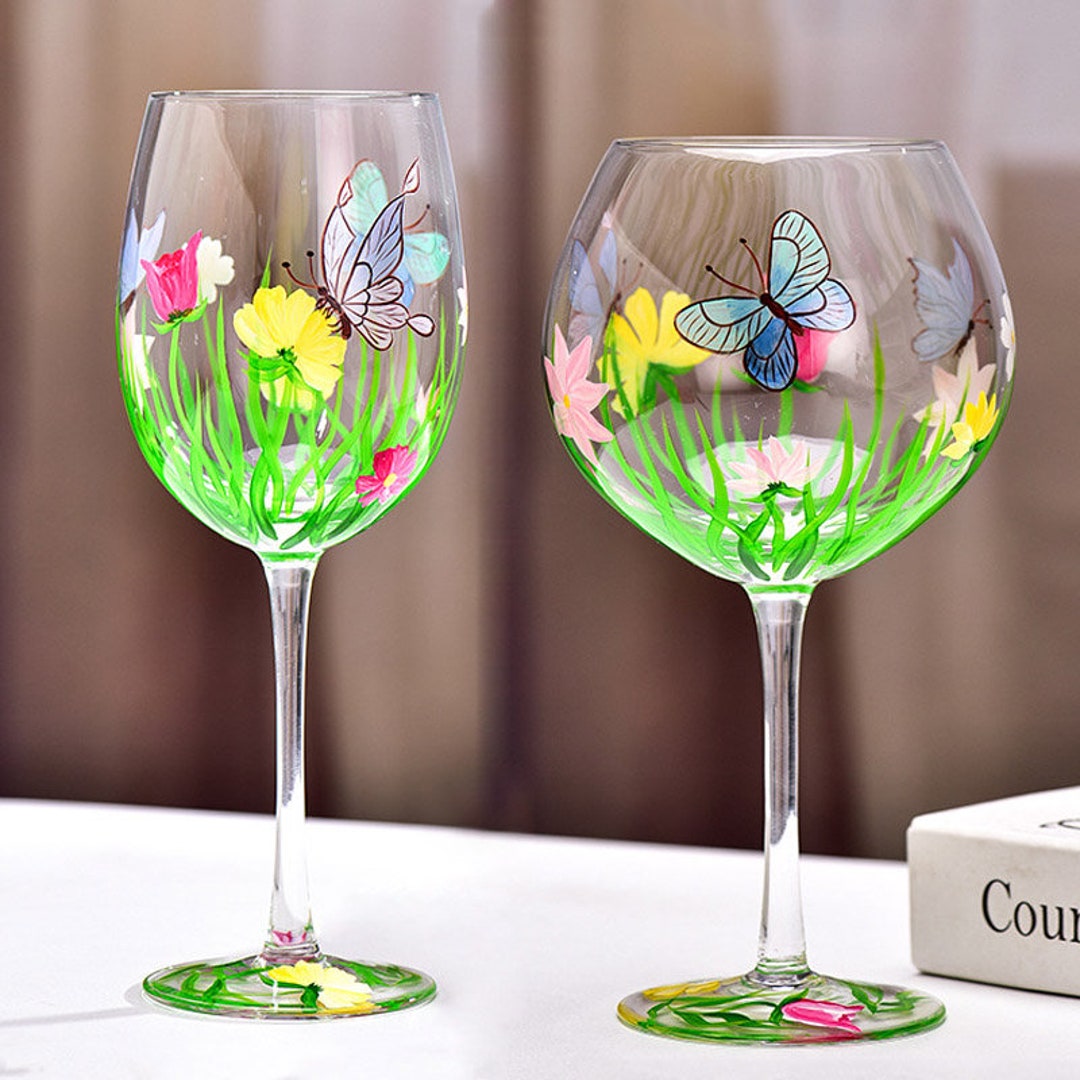 2 Butterfly Hand-painted Wine Glasses, Floral Wine Glasses, Hand-blown ...