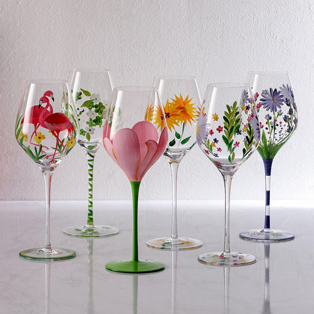 Painted Wine Glasses, 2 Red Wine Glass,hand-blown Wine Glasses, Goblet ...