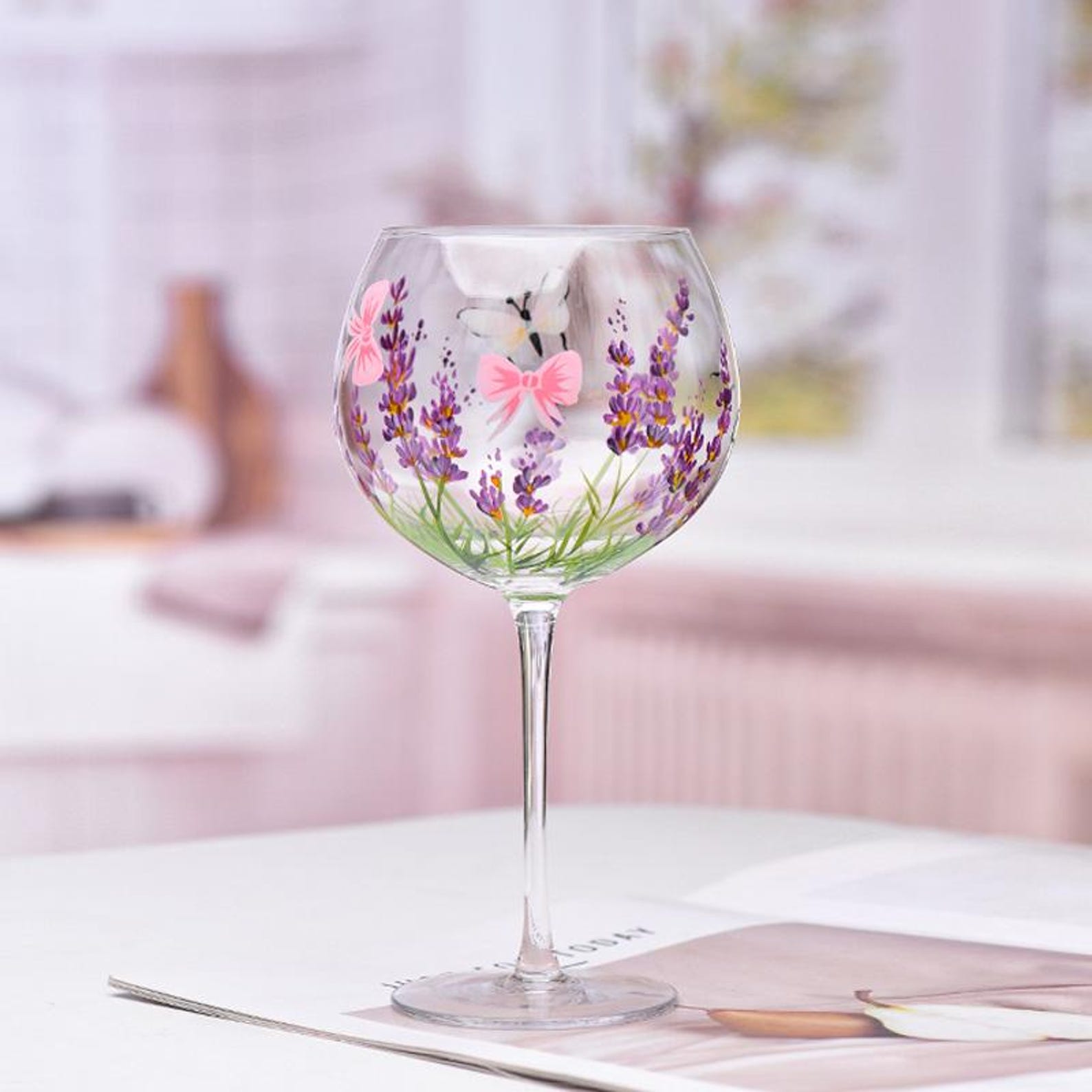 Painted Lavender Butterfly Wine Glasses, Wine Glass Set of 2, Flower ...