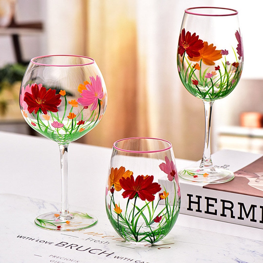 Painted Red Daisy Wine Glasses, Floral Wine Glasses Set of 2, Blown ...