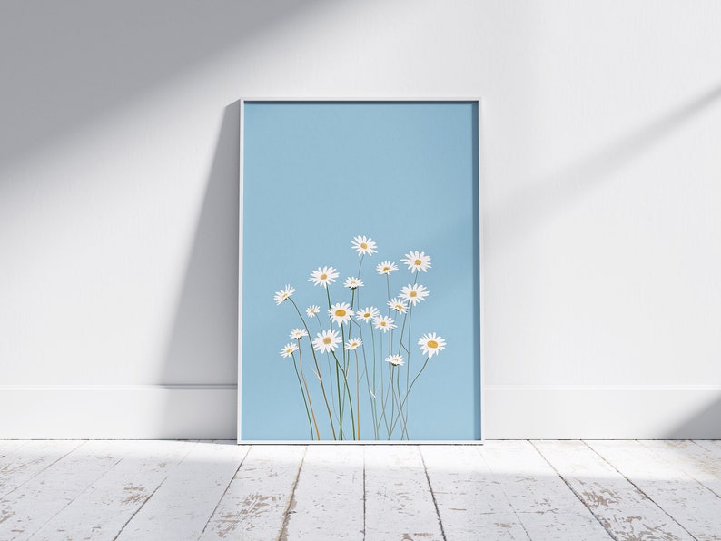 Daisy on Blue Background Painting Poster | Botanical Print | Flower ...
