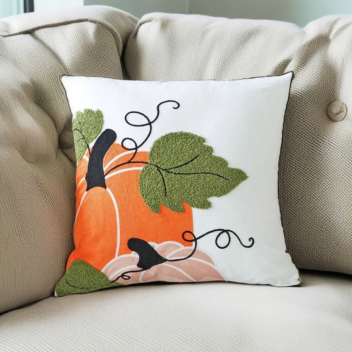 Pumpkin Pillow, Hand Embroidered Fall Pillow, Halloween Pumpkin ...