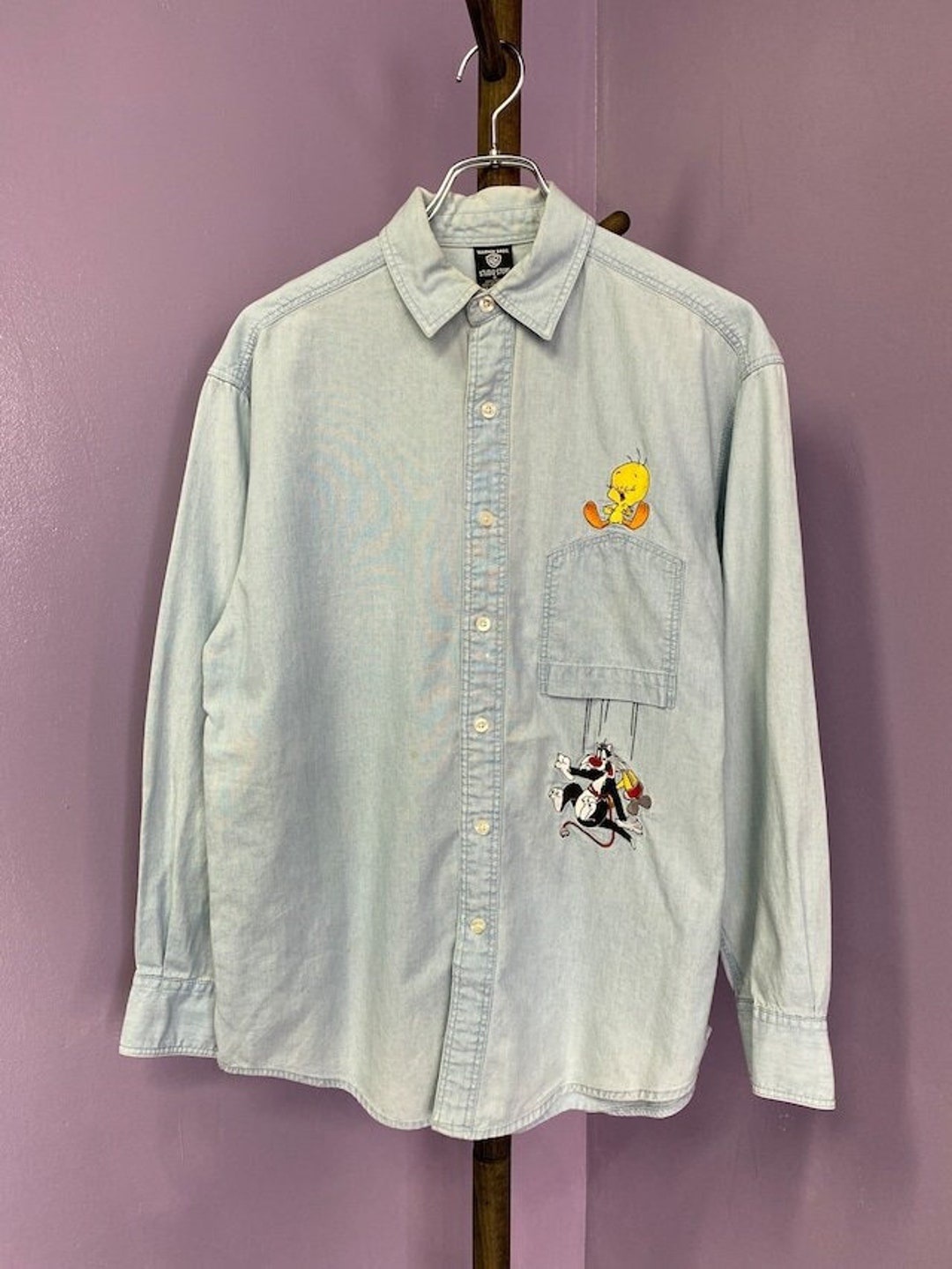 Warner Bros. Studio Store 'tweety & Sylvester' Blue Button-up Shirt - Etsy