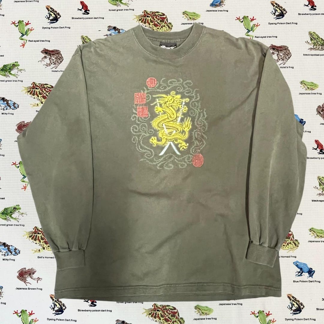 No Boundaries / Oriental / Y2K / Dragon Print / Long-sleeved Dark Green ...