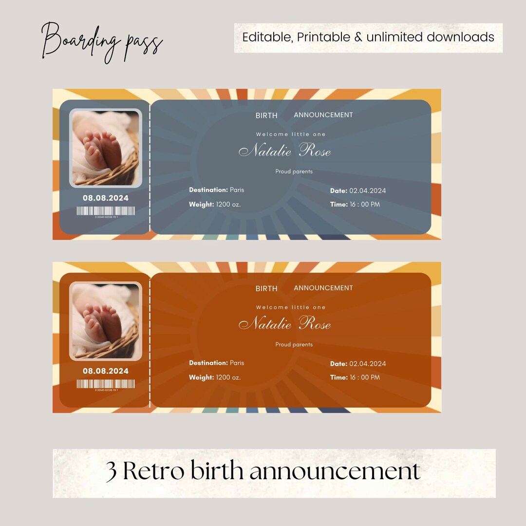 Retro Sunshine Style Boarding Pass Birth Announcement Unique Baby ...