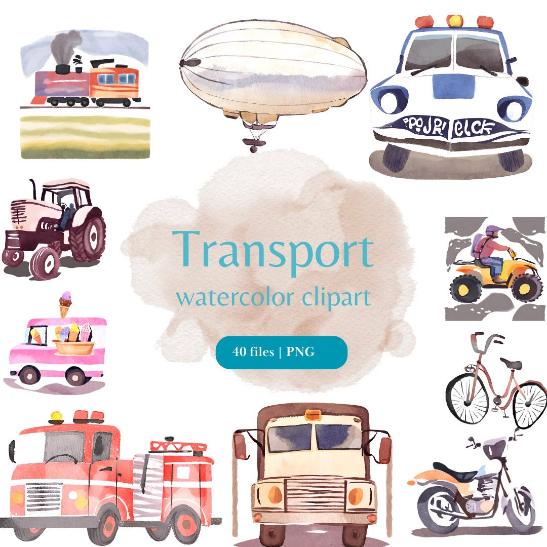 40 Clipart Watercolor Transport Boys Theme Car Truck Zeppelin Train ...