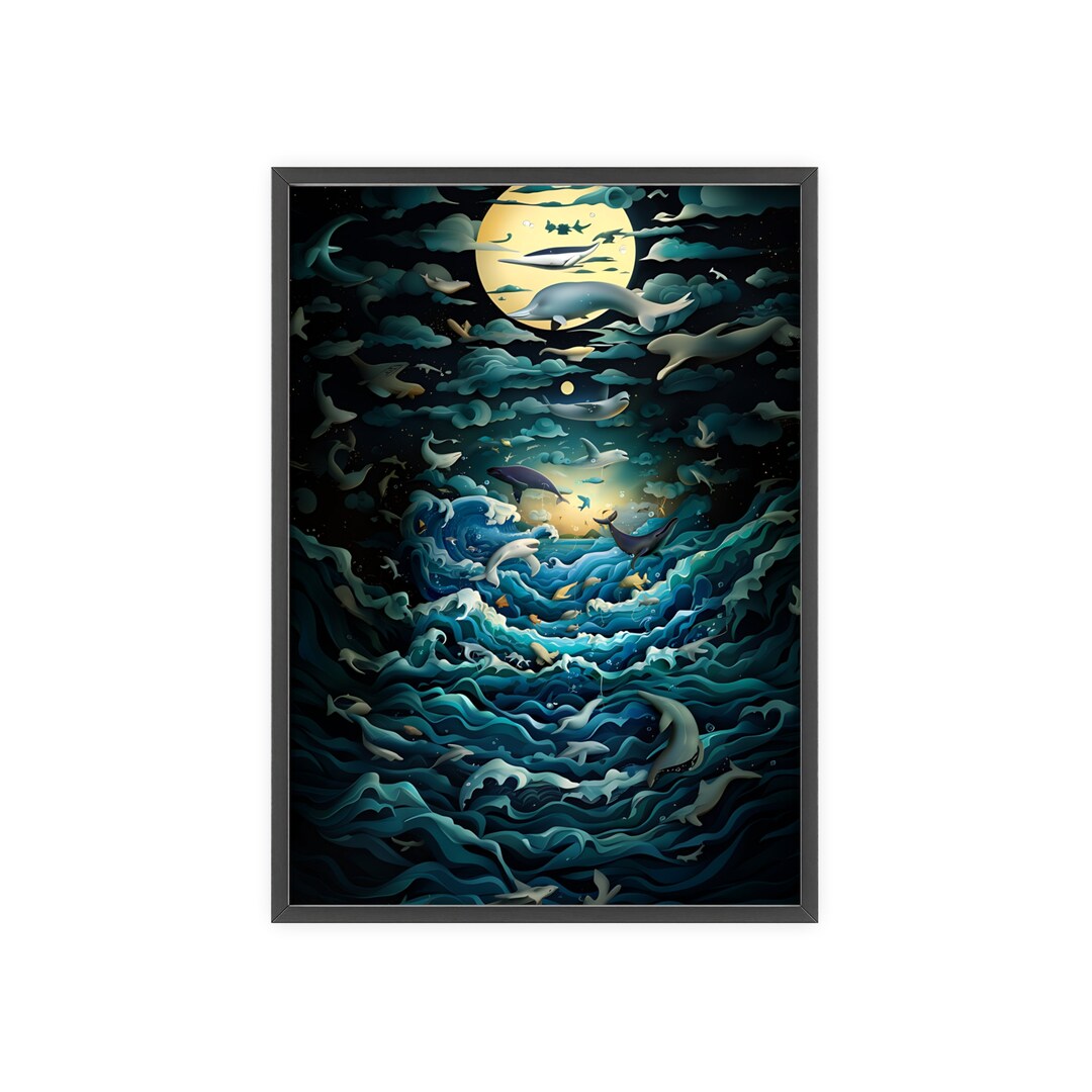 Calming Ocean Night Scene Poster Midnight Blue Abstract Modern Artistic ...