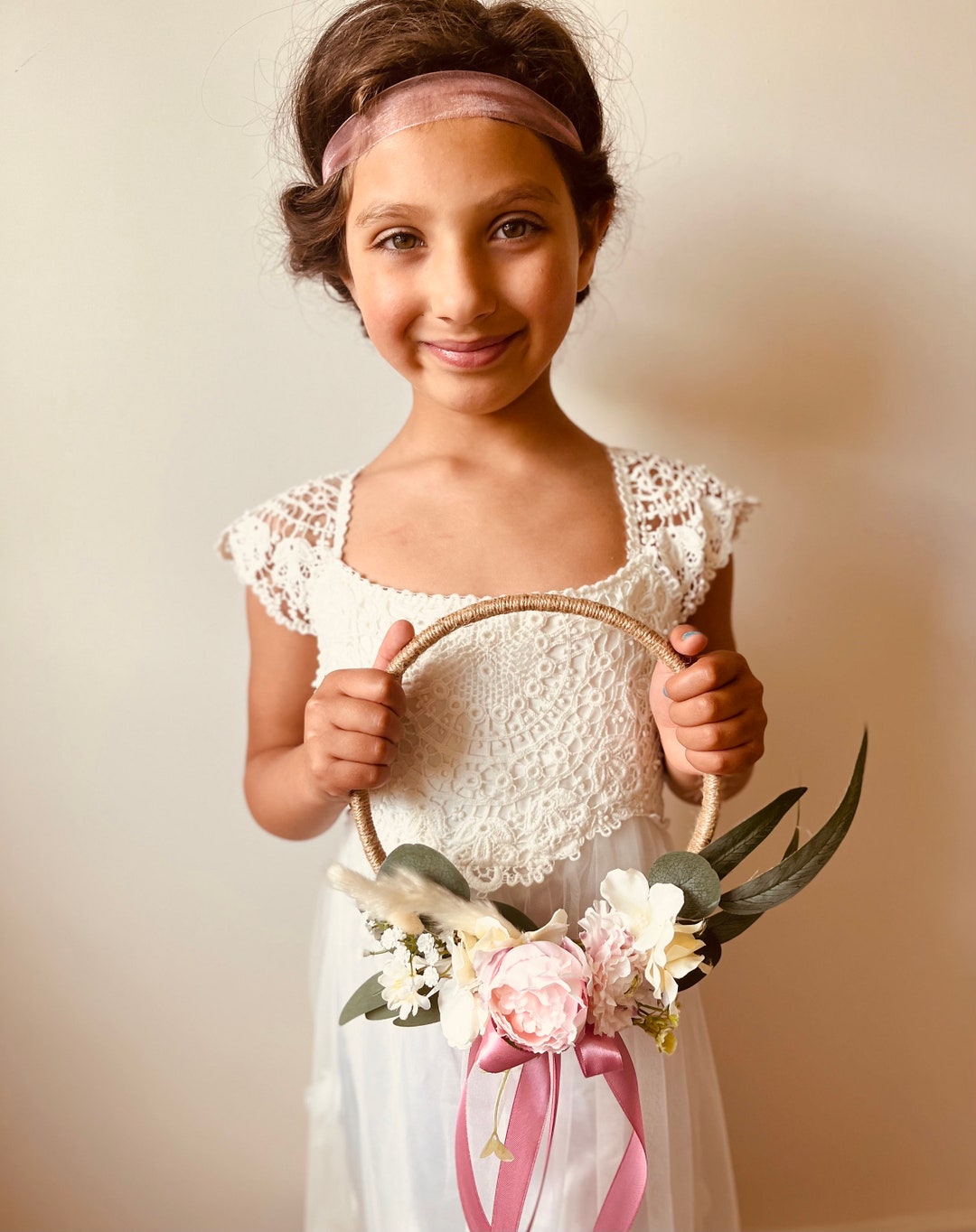 White and Pink Flower Girl Hoop, Flower Ring, Flower Bouquet, Flower ...