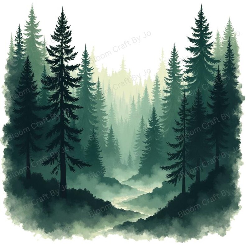 Misty Pines Watercolor Forest Clip Art Bundle – Foggy Pine Tree ...