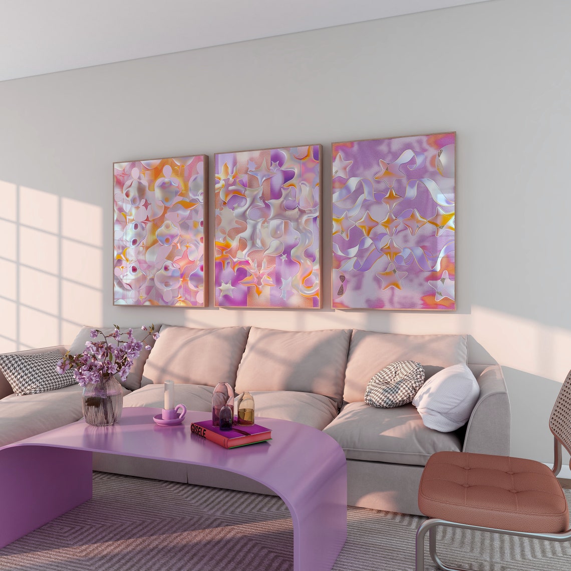 Pastel Abstract Pearlescent Quilt Pattern Set of 3 Posters, Triptych ...