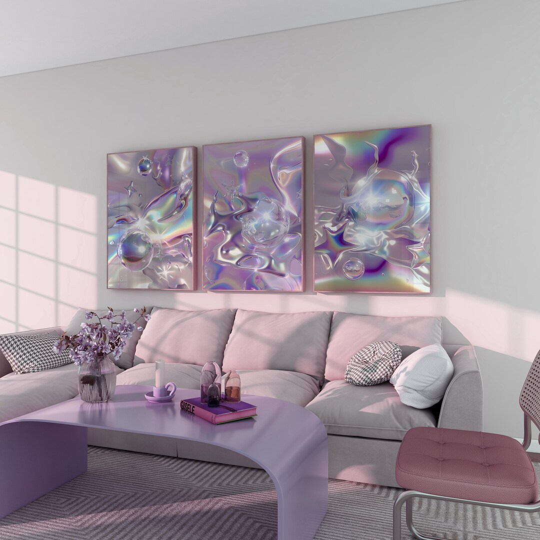 Pastel Chrome Blobs, Holographic, Iridescent, Set of 3 Posters ...