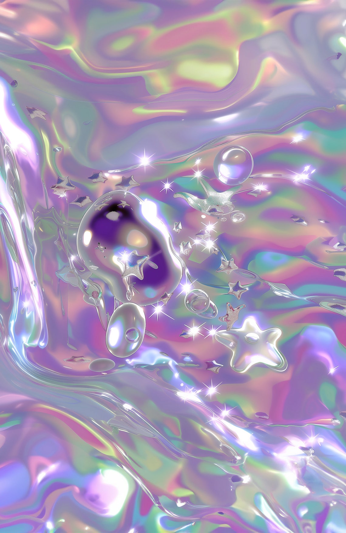 Iridescent, Holographic, Oil Slick, Abstract, Rainbow Shapes and Stars ...